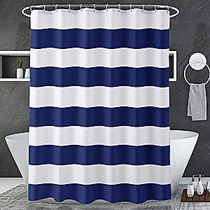 AmazerBath Navy Blue Shower Curtain Stripes, 72" W x 72" H Blue and White Shower Curtain, Fabric Shower Curtain for Bathroom, with 2 Heavy Stones