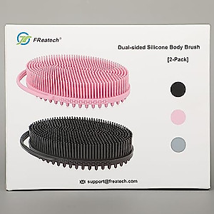 FREATECH Silicone Body Scrubber with Loop Handle, 2-Pack Gentle Exfoliating Body Cleansing Brush for Use in The Shower or Bath, More Hygienic Than Loofah, Easy to Clean, Long-Lasting, Grey & Pink