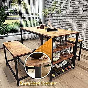 Rxicdeo Dining Table Set for 4, Kitchen Table with 1 Bench and 2 Chairs, Kitchen & Dining Room Tables with Wine Rack and Storage Shelf, Space-Saving Dinette for Kitchen, Dining Room (Brown)