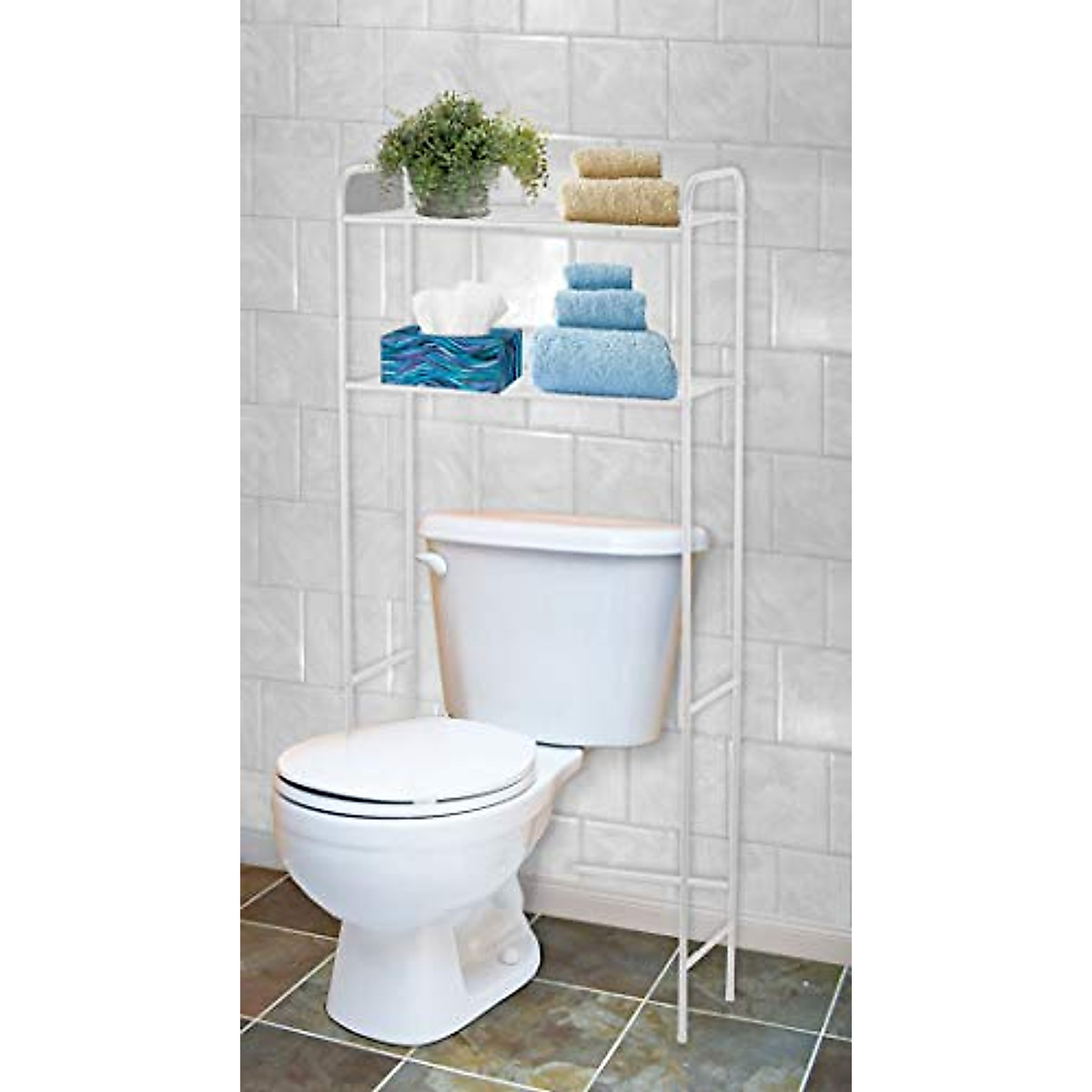 Home Basics 2 Tier Over The Toilet Bathroom Space Saver, Metal Bathroom Shelf Storage Unit, Anti-rust, White