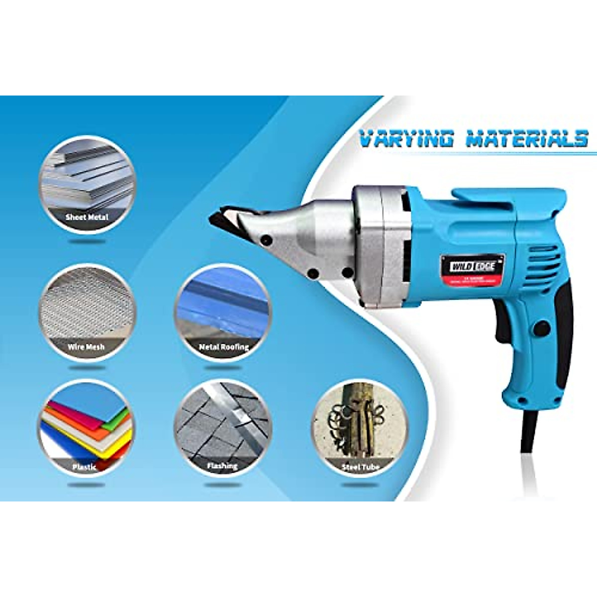 Wild Edge Electric Metal Shear, 14 Gauge 5.0 Amp Variable Speed Swivel Head Heavy Duty Sheet Metal Cutter