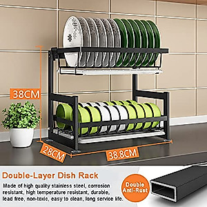 QYQS Kitchen Aid Dish Rack 2 Tier Dish Rack Non-Slip Suction Cup Easy to Disassemble and Install Stainless Steel Dish Drying Rack(Size:38.8x28x38cm,Color:Black)