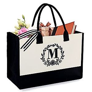 BeeGreen Personalized Gifts for Women Birthday Gifts Tote Bag for Mom Teacher Self Care Gifts Initial Canvas Bag with Pocket 13 OZ Monogram Embroidery Beach Tote Bag for Her Mother Friends Girls M