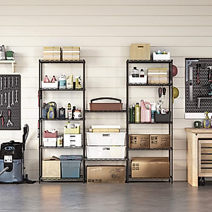 SONGMICS 6-Tier Metal Storage Shelves, Wire Shelving Unit, Adjustable Shelves, Garage Shelving, Kitchen, Living Room Storage Rack, Shelf Liners, 8 Hooks, Total Max. Load 264 lb, Black ULGR066B01