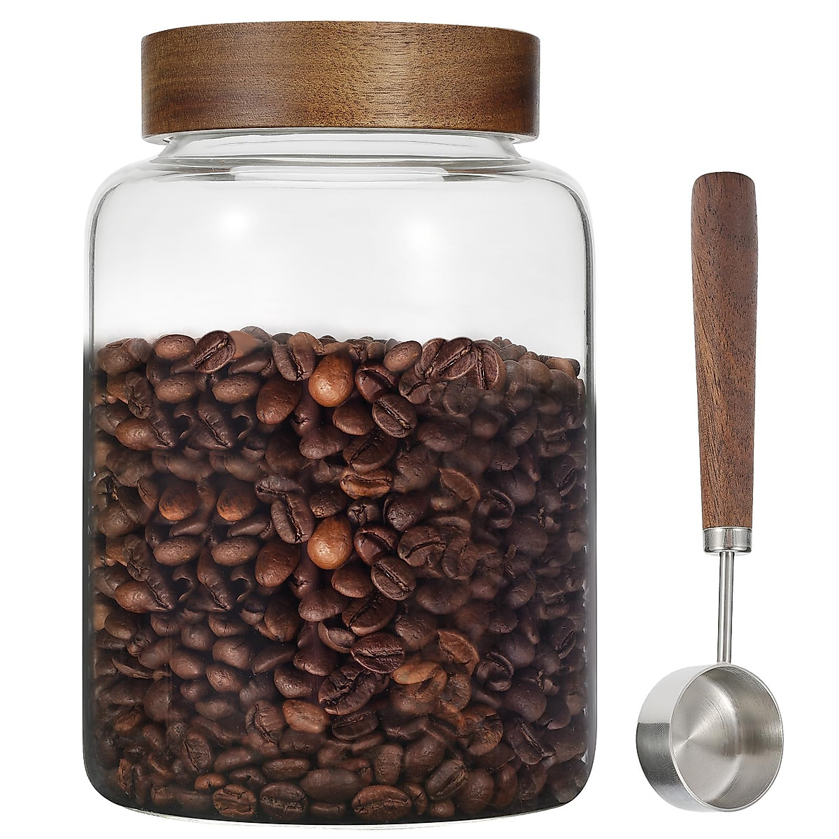 Large Glass Coffee Jars with Spoons 60 oz /1800ml, Round Storage Canister with Wooden Lid Clear Glass Food Jar for Pantry Sugar Tea Coffee Bean Spice Nuts Cookies Bath Salts (1800ml/60oz)