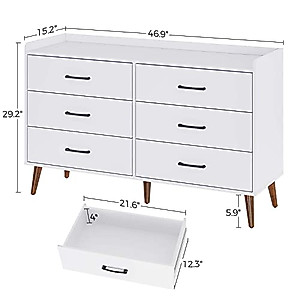 Rolanstar Drawer Dresser-Tool Free Quick Install, 6 Drawers Storage Dresser with Foldable Drawer Dividers, Modern Chest of Drawer, White（Tool Free Except Drawer Handle and Foot）