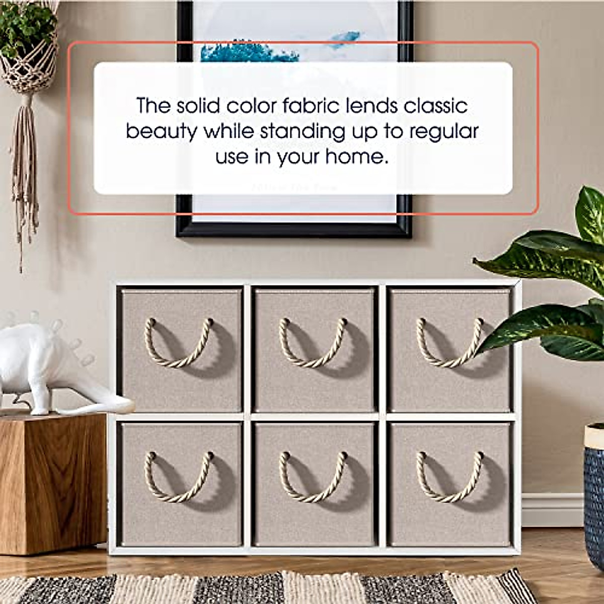 Ornavo Home Foldable Collapsible Storage Box Bins Linen Fabric Shelf Basket Cube Organizer with Rope Handles - Set of 6 - 13 x 13 x 13 - Beige