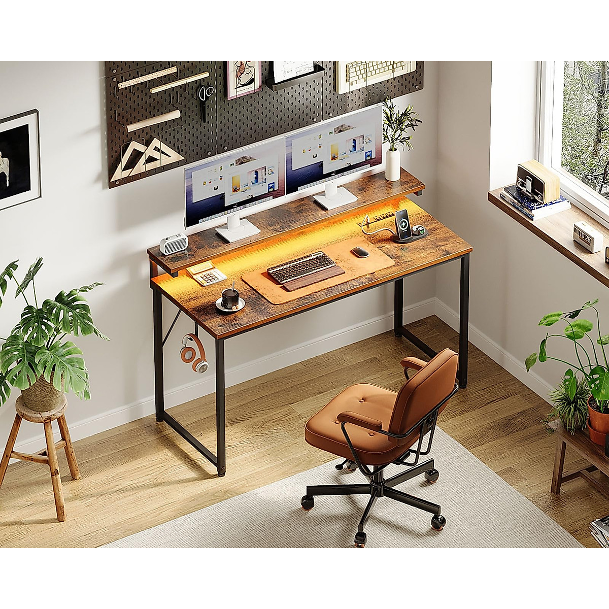 AODK Computer Desk, 48 Inch Gaming Desk with LED Lights and Power Outlet, Office Desk with Adjustable Monitor Shelf (3 Heights), Computer Table Work Desk for Home/Bedroom, Rustic Brown