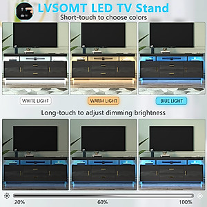 LVSOMT High Gloss Entertainment Center with 3-Colors Lighting, LED Modern TV Stand for 65+ inch TV, Home Storage Cabinet, Console Media Cabinet for Living Room (Pearl Black)