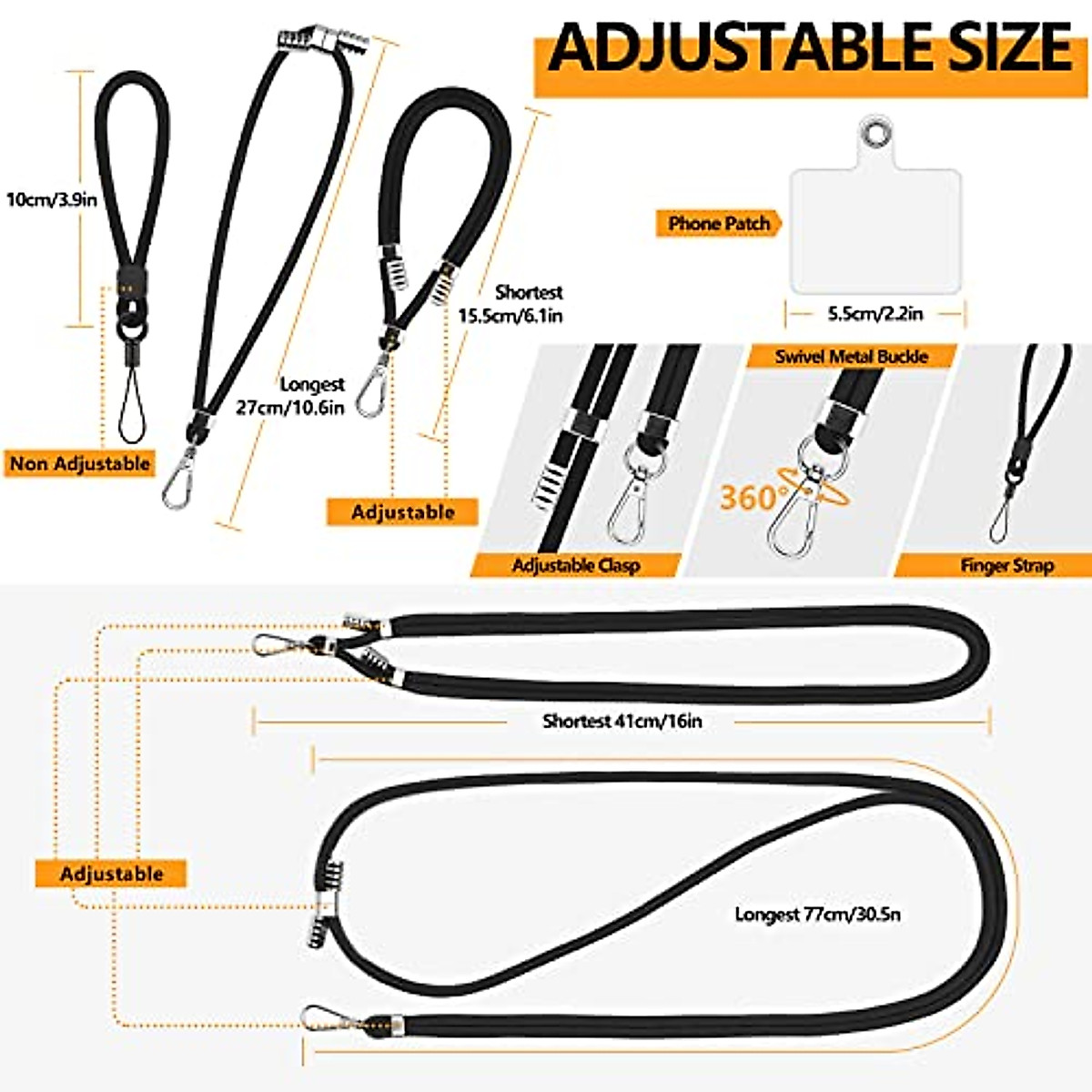 Universal Phone Lanyard, 2× Crossbody Cell Phone Lanyard, 2× Adjustable Wrist Strap, 2× Finger Strap, 4× Phone Patch Compatible with Most Mobile Phone(Black)