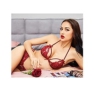 Avidlove Lingerie Lace Babydoll 2 Piece Sexy Bra and Panty Sets Dark Red S
