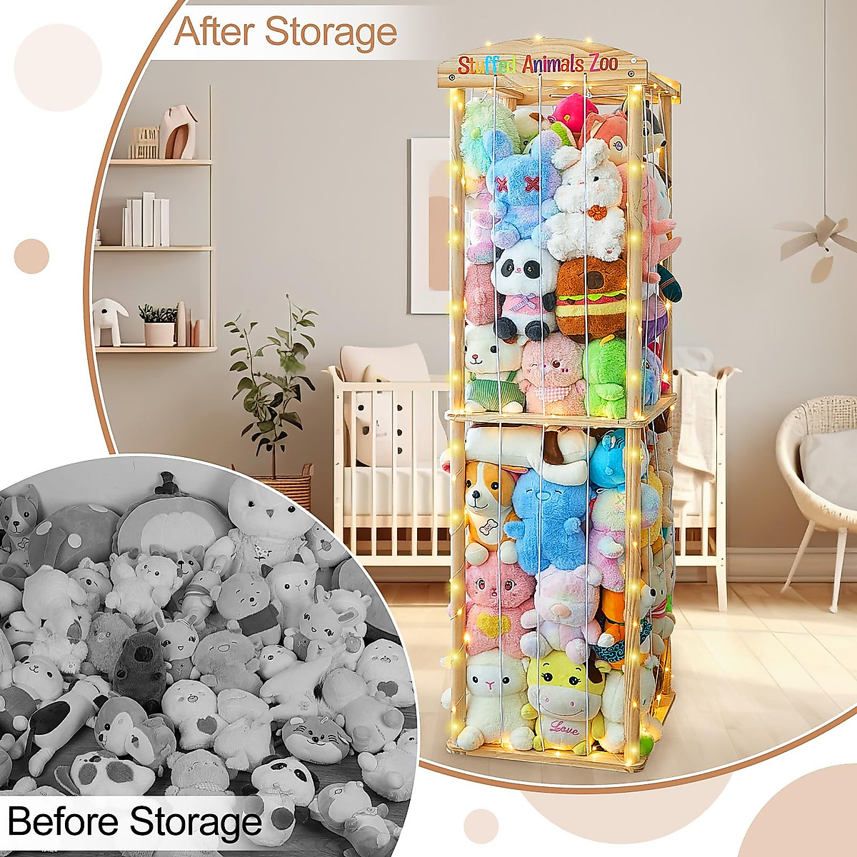 Basumee Stuffed Animals Storage Zoo with LED Light Large Wood Kids Toy Storage Organizer Holder for Stuffed Animals Girls Boys Nursery Room Bedrooms Stuff Animals Organizer