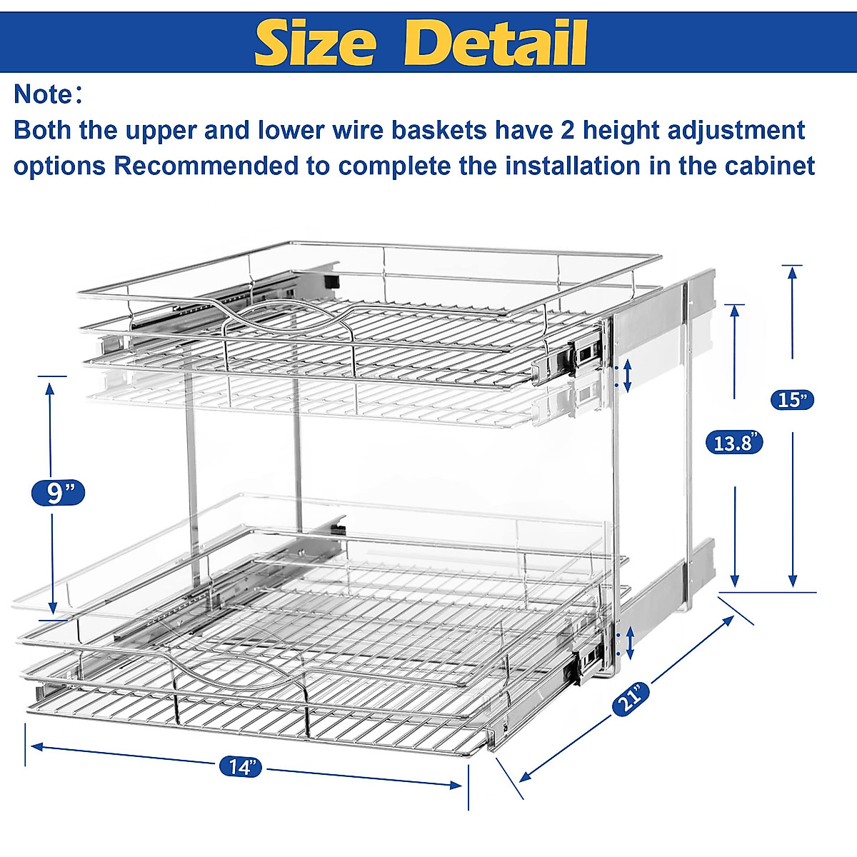 SIMCAS 2-Tier Pull Out Cabinet Organizer(14"W X 21"D), Individual Slide Out Basket Kitchen Cabinet Organizer, Cabinet Pull Out Shelves Kitchen Cabinet Organization for Kitchen Pantry, Bathroom, Chrome