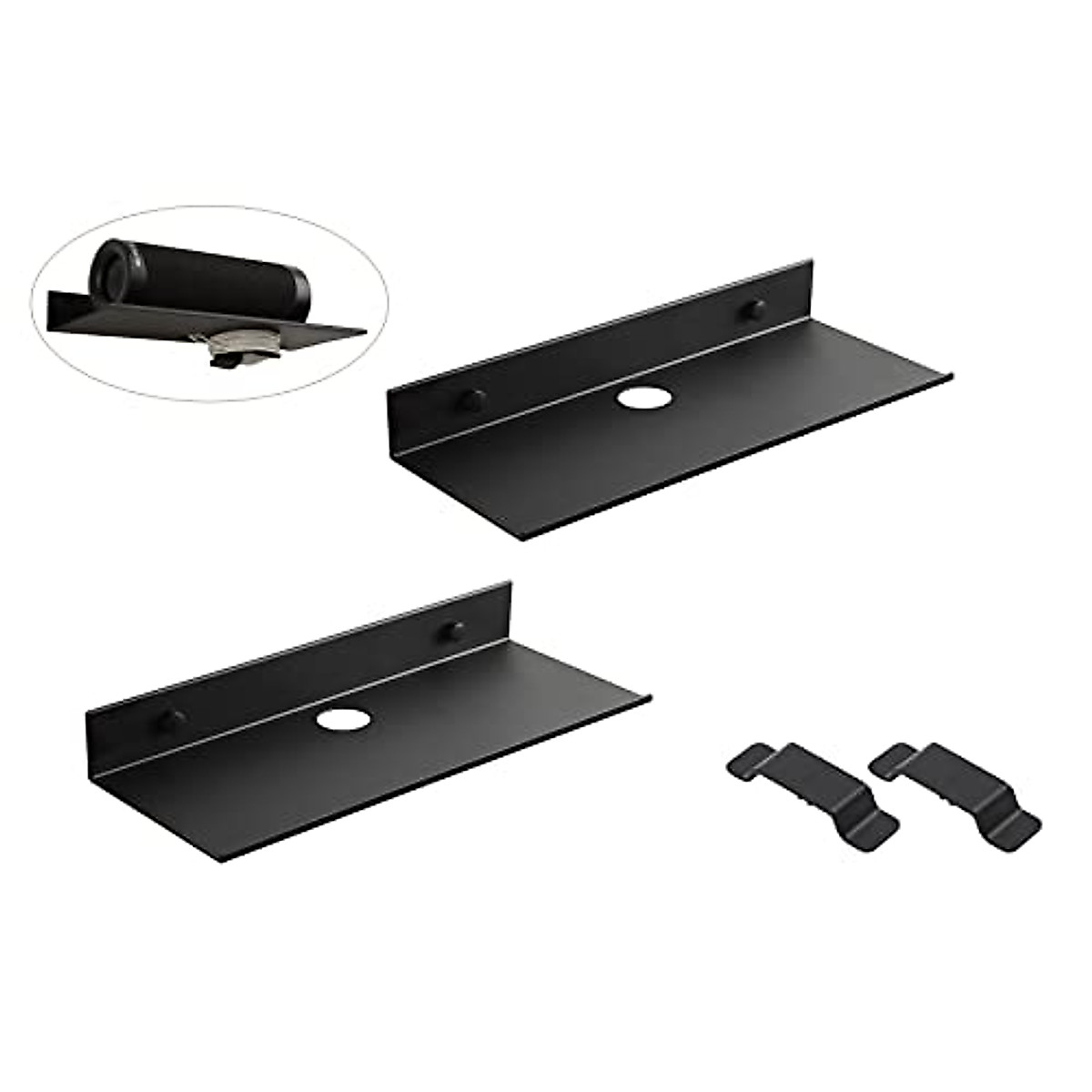 Z metnal Metal Floating Shelves with Cable Clip, Shelves for Bluetooth Speaker Router Cameras, Wall Mounted, Display Shelf, Matt Black, Aluminum, 12 inch, 2 Pack