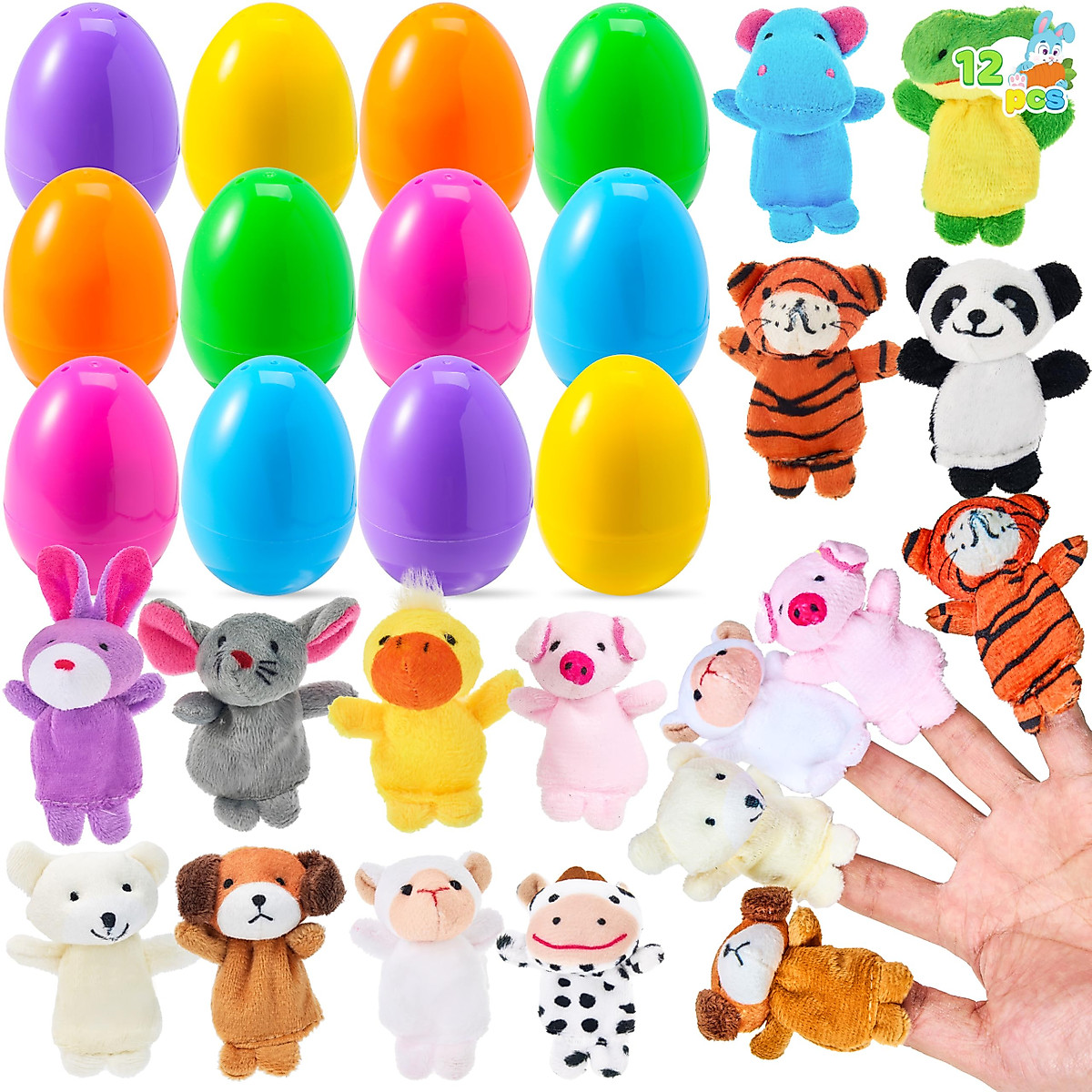 JOYIN 12pcs Prefilled Easter Eggs with Toys, Plastic Eggs with Finger Puppets, Basket Stuffers for Toddlers & Babies, Easter Theme Party Favors