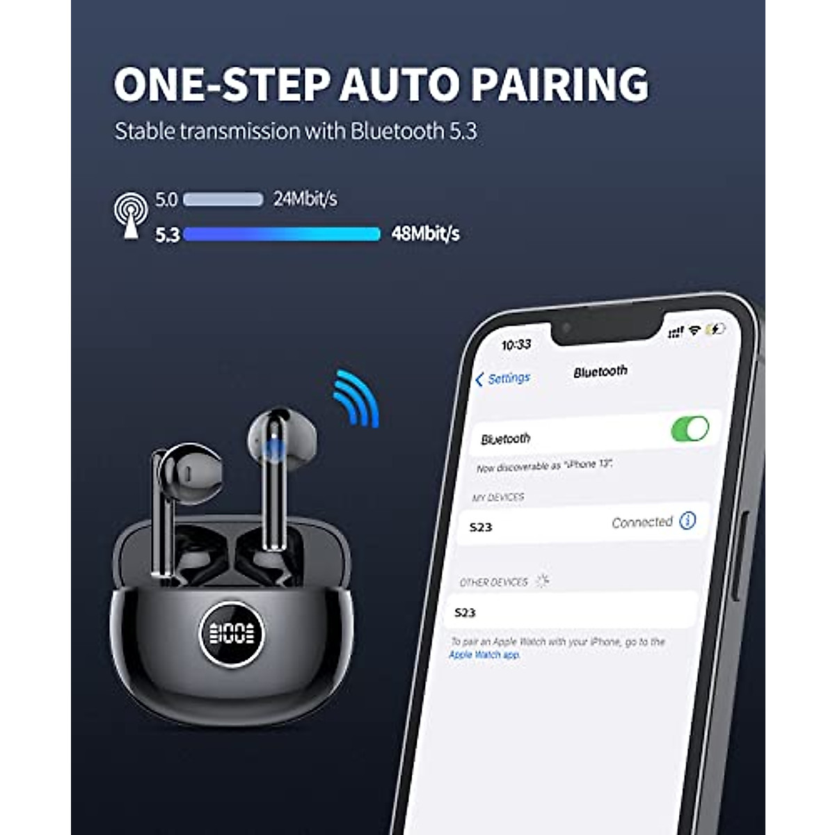 Wireless Earbuds, Bluetooth 5.3 Headphones with Microphone, 37H Playback LED Power Display, In-Ear Headphones Deep Bass, IPX7 Waterproof, Ultra-Light Earphones with Charging Case, Smart Touch, Sport