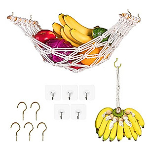 Hanging Fruit Hammock Under Cabinet，Macrame Handwoven Boho Veggie and Fruit Hammock Fruit Holder Net Hanging Kitchen Storage，Includes Banana Hanger And Hook，Saves Counter Space at Home，Boat，or Rv