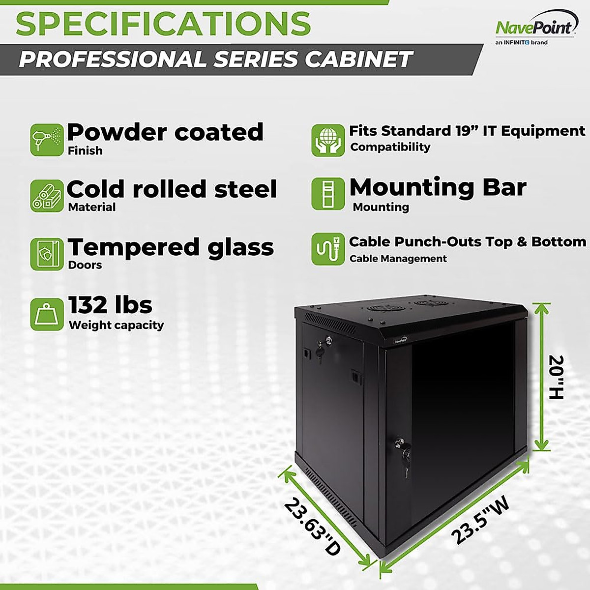 NavePoint 9U Server Rack Enclosure - 23.6” Deep, 9U Wall Mount Network Cabinet with Locking Glass Door for 19” IT Equipment, 9U Network Rack with 2 Fans, Removable Side Panels, Black