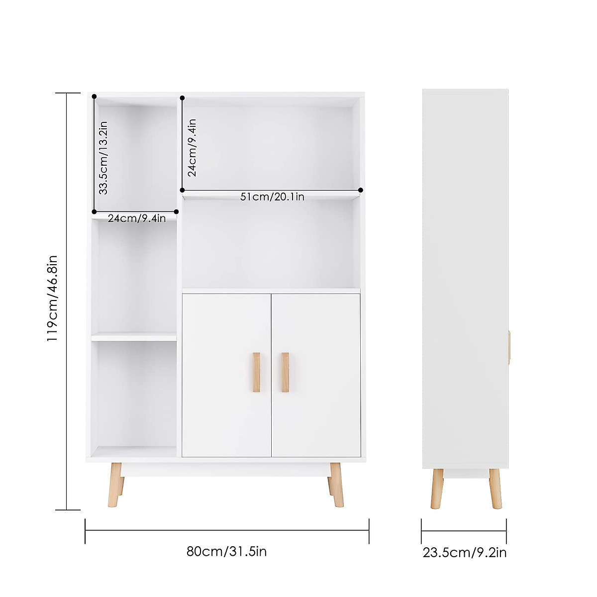 FOTOSOK Floor Storage Cabinet with 2 Shelves and 3 Cubes, Bookcase with Doors, Bookshelf Cabinet with Legs for Kitchen, Living Room and Home Office, White