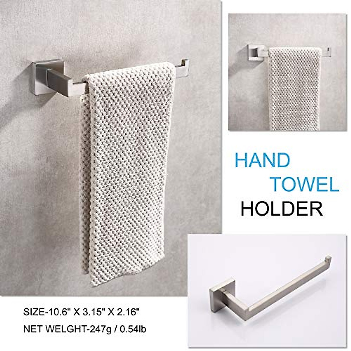 TASTOS Premium Stainless Steel Hand Towel Holder, Square Hand Towel Ring Heavy Duty Wall Mounted Modern Hand Towel Bar for Bathroom Kitchen, Brushed Nickel