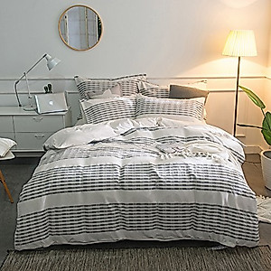 Merryfeel Cotton Duvet Cover Set Queen Size,100% Cotton Yarn Dyed Jacqaurd Textured Striped Duvet Cover and Pillowshams Grey Color,3 Pieces Bedding Set