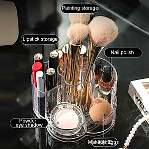 Makeup Brush Holder, Acrylic 6 Slots Skincare Organizers, 360 Degree Rotating Pen Bucket, Decorative Clear Vanity Cosmetics Display Case for Lipstick Beauty Egg Foam Eyebrow Pencil Powder Tube