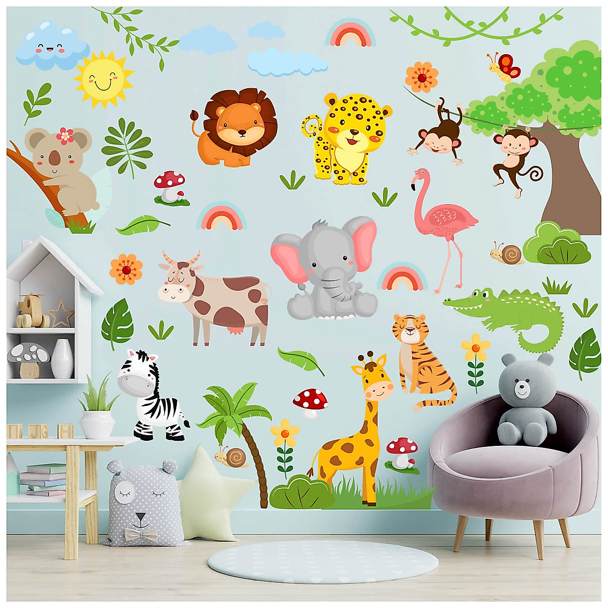 YLTPAJK Animal Wall Stickers for Kids, Cartoon Zoo DIY Art Self-Adhesive Removable Animal Wall Decals for Living Room Baby Nursery Classroom Kindergarten Wall Decor