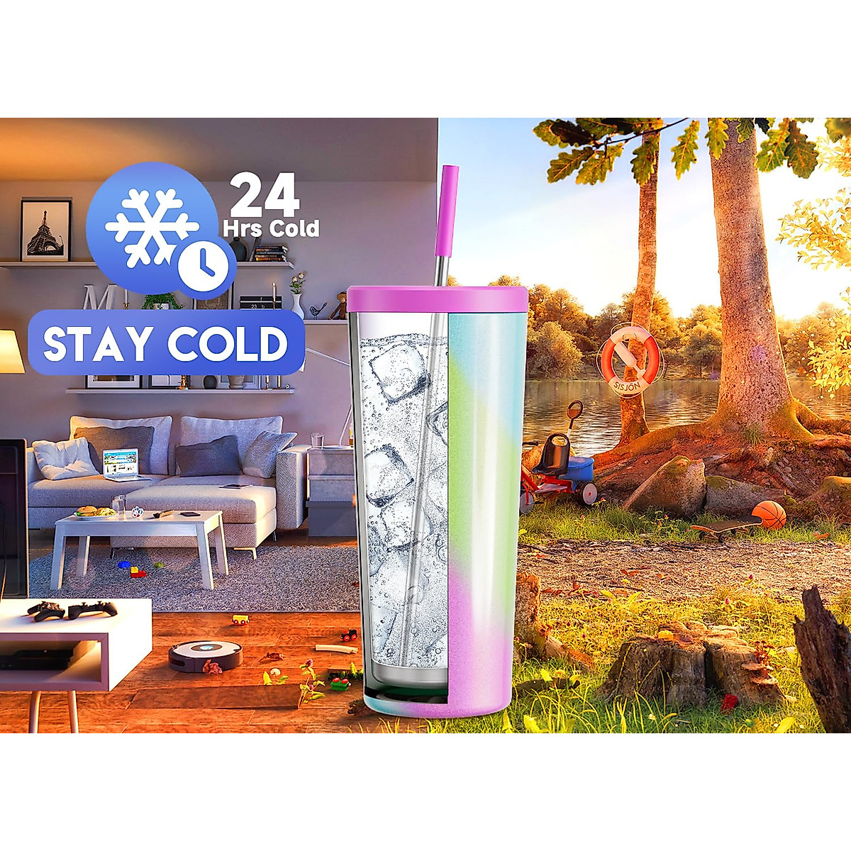 Meoky 24 oz Insulated Tumbler with Lid and Straw, Stainless Steel Vacuum Insulated Tumbler, Keeps Cold for 24 Hours, 100% Leak Proof, Fits in Car Cup Holder (Fairytale)