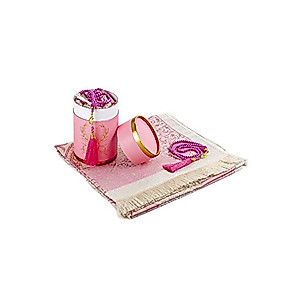 Muslim Prayer Rug and Prayer Beads with Elegant Cylinder Gift Box | Janamaz | Sajadah | Soft Islamic Prayer Rug | Islamic Gifts Set | Prayer Carpet Mat, Taffeta Fabric, Pink