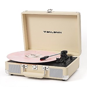 Vinyl Record Player Vintage Portable Suitcase Turntables with Built-in Upgrade Speakers, USB Recording, 33 45 78RPM Bluetooth LP Player Support AUX in RCA Line Out Headphone Jack, Cream White