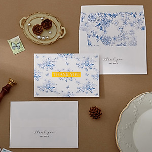 Crisky French Blue Floral Toile de Jouy Thank you cards Gold Foil Greeting Notes Bulk with Envelopes (50 Pack) for Birthday, Baby Shower, Bridal Shower, Wedding, Graduation