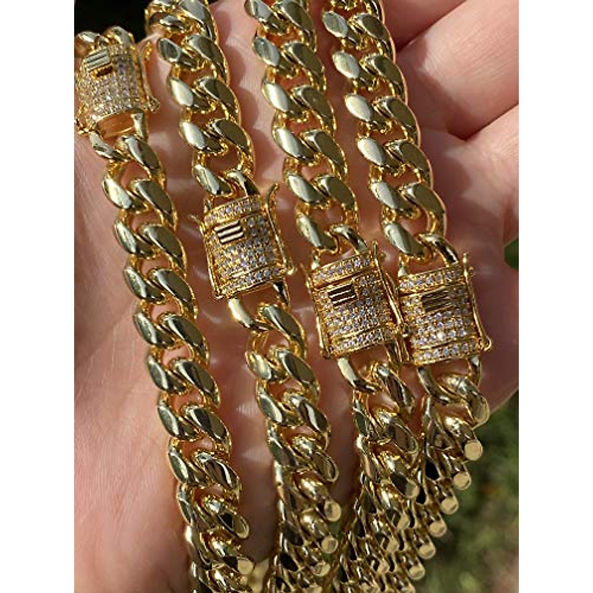 Miami Cuban Link Chain Choker Necklace CZ diamond Lock Real Solid 14K Gold Finish Stainless Steel, Cuban Choker, Cuban necklace, Gold Cuban Chain, 12mm Miami Cuban Link Chain (20)