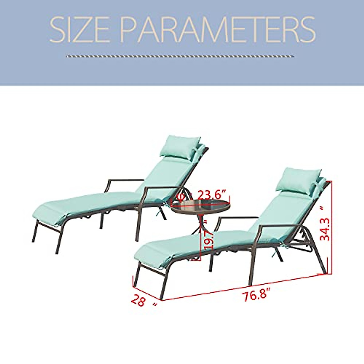 LOKATSE HOME Outdoor Lounge Chair Set 3 Pieces Patio Cushioned Adjustable Back Chaises with Bistro Table Steel Frame for Backyard Porch Garden Poolside, Light Blue