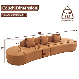 Suheww 130.5” Modern Curved Floor Combination Sofa, Curved Sectional Sofa Couch for Living Room, Deep Seat 4-Seater Oversized Terrycloth Fabric Sofa with 3 Pillows for Apartment Bedroom Office(Brown)
