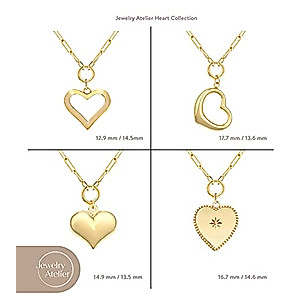 Jewelry Atelier Gold Filled Heart Necklaces – 14K Yellow Gold Filled Hearth Pendant with Solid Clip Chain for Women (Different Sizes and Styles with Extension/Adjustable Chain) (Puffed)