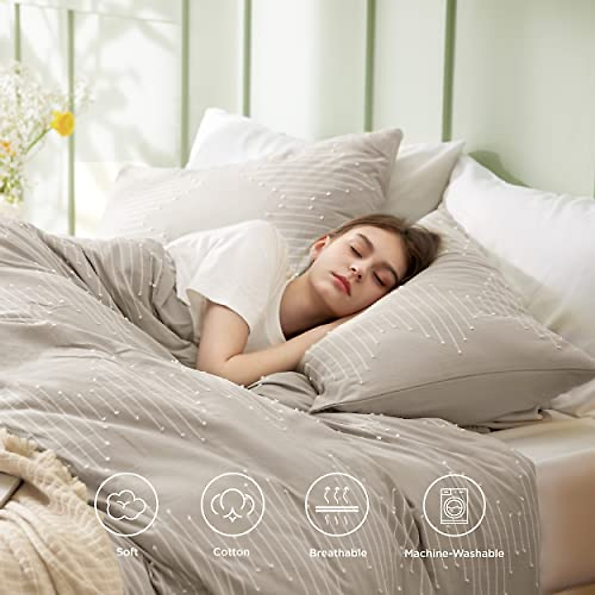 Bedsure Cotton Duvet Cover Queen Size - 100% Washed Cotton Duvet Cover Set, Linen Color, 3 Pieces Boho Stripe Jacquard Soft Bedding for All Seasons with 2 Pillowcases, Zipper Closure (Queen, 90"x90")