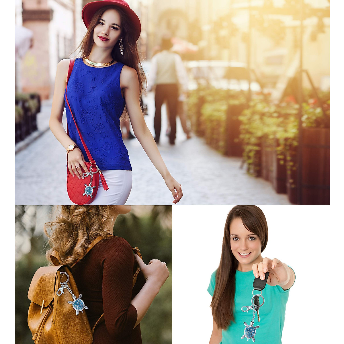 Aqua79 Blue Sea Turtle Keychain - Silver 3D Sparkling Charm Rhinestones Fashionable Stylish Metal Alloy Durable Key Ring Bling Crystal Jewelry Accessory with Clasp