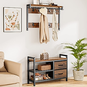 Lulive Hall Tree, 31.5” Entryway Bench with Coat Rack freestanding, 5 in 1 Intelligent Design Shoe Bench and Wall Rack 17 Hooks and Drawers (Rustic Brown)