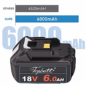 Topbatt 18 V 6.0Ah Lithium-ion BL1830 Replacement Battery Suitable for Makita 18V Battery BL1815 BL1820 BL1820B BL1830B BL1835 BL1840 BL1850 BL1860 Cordless Power Tools