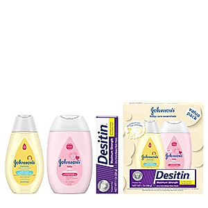 Johnson's Baby Care Essentials Gift Set, Baby Skincare Set with Body Wash & Shampoo, Body Lotion, & Zinc Oxide Diaper Rash Paste for Baby's Delicate Skin, Value Pack, Travel-Size, 3 items