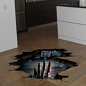 Halloween Floor Decals 3D Scary Blood Hand Scratching Floor Wall Stickers for Living Room, Removable Halloween Decor Murals for Bar Pub Bedroom Party Supplies