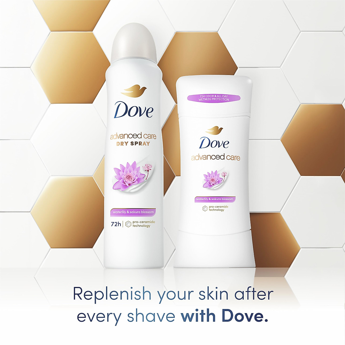 Dove Advanced Care Antiperspirant Deodorant Spray Waterlily & Sakura Blossom 3 Count Moisturizing for After-Shaving Care 72-hour that boost skin's ceramide levels for Soft Underarms 3.8 oz