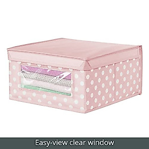 mDesign Medium Soft Stackable Fabric Baby Nursery Storage Organizer Holder Bin Box with Front Window and Lid for Child/Kids Bedroom, Playroom, Classroom - Light Pink/White Polka Dot