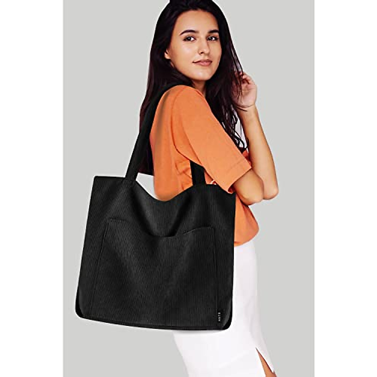 Prite Corduroy Tote Bag for Women Large Shoulder Bag with Zipper and Pockets for College School Work Travel Shopping (Black)