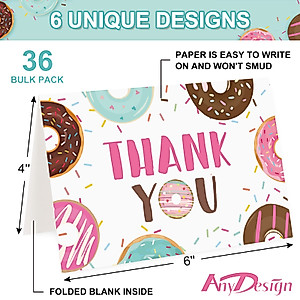 AnyDesign 36 Pack Donut Thank You Cards with Matching Seal Stickers Envelope Assorted Cartoon Doughnut Greeting Blank Note Cards for Baby Shower Wedding Birthday Party Business Stationery
