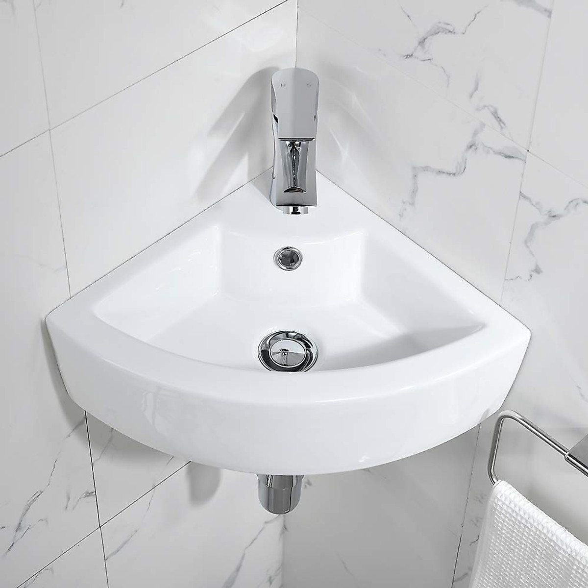 Wall Mount Small Corner Bathroom Sink and Faucet Combo with Overflow Triangle White Porcelain Ceramic Wall Hung Mini Vanity Space Bathroom sink, Faucet and Drain Combo