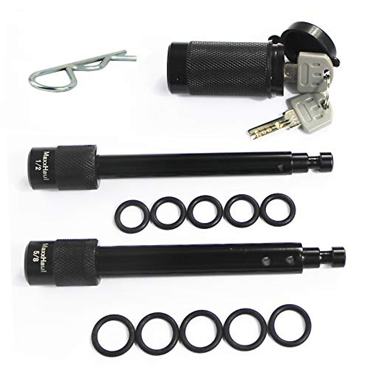 MAXXHAUL 50151 Trailer Hitch Lock Pin Set 5/8 and 1/2 Inch with Locking System Anti-Rattle for 1-1/4" and 2" Class I,II,III,IV,V Hitches - Black Finish