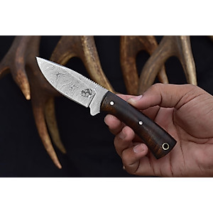 Knives Ranch Fixed Blade EDC Knife with Horizontal Carry Sheath – Small Hunting Knife – Damascus Skinning Knife – Cowboy Knife with Leather Sheath Stabilized Rosewood Handle (4402-IRW)