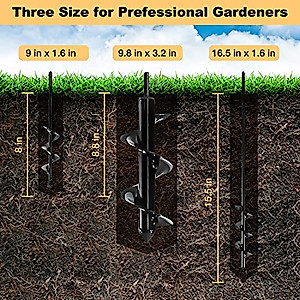 Auger Drill Bit for Planting of 3 Pack (1.6''x9'' & 1.6''x16.5'' & 3.1''x9.8'') - Post Hole Digger for 3/8" Hex Drive Drill with Gloves, Garden Auger Spiral Drill Bit for Bed Cultivat Seedl Dig Weed