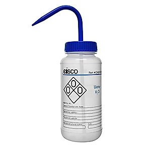 EISCO Wash Bottle for Water, 500ml - Labeled with Color Coded Chemical & Safety Information (2 Color) - Wide Mouth, Self Venting, Polypropylene - Performance Plastics Labs